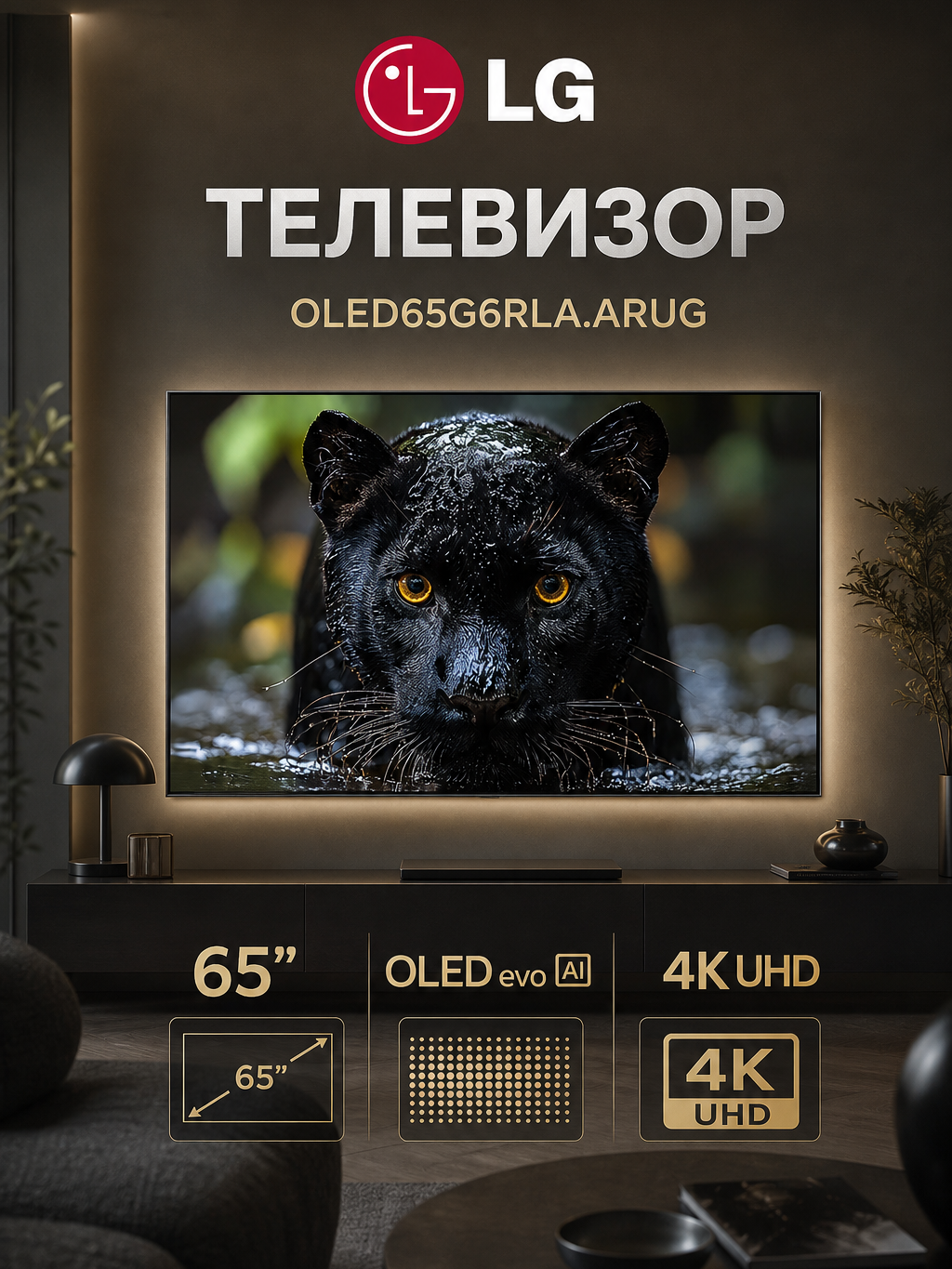 Телевизор LG OLED65G6RLA, диагональ 65", OLED, 4K, 120Гц, Wi-Fi, Bluetooth, пульт ДУ, серебристый