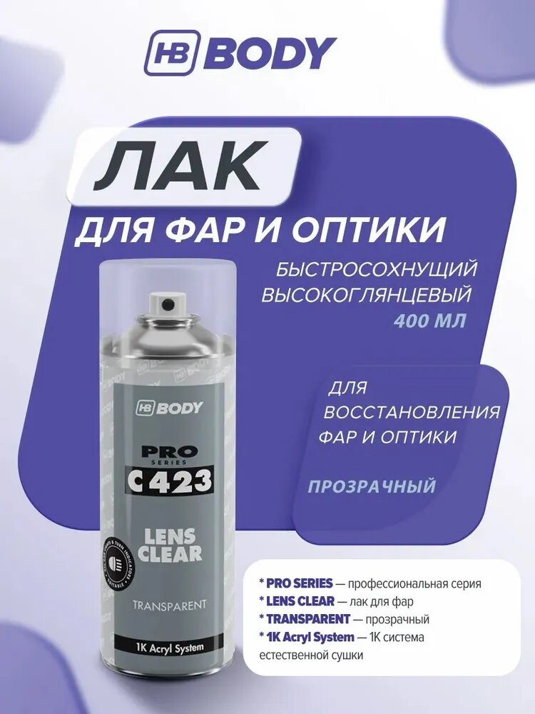 Лак автомобильный в баллончике для фар прозрачный 400 мл аэрозоль / HB BODY 423 / восстановление автомобильной оптики, спрей для ремонта фар, глянцевый, без отвердителя