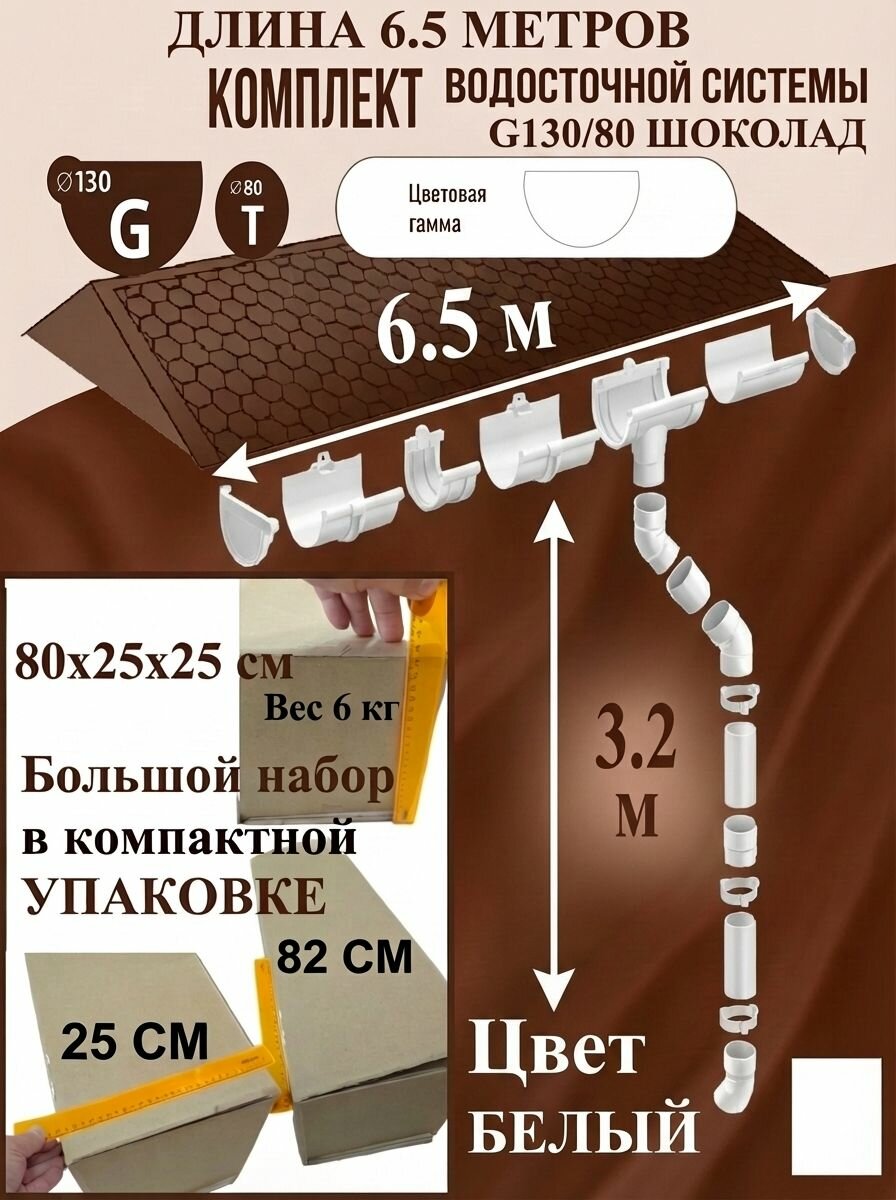 Комплект G130/80 водосточной системы ПВХ на 6.5 метров, белый