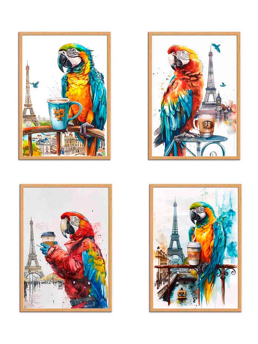 Птица Ара Гангстер пьёт кофе, 4 Плаката, 30x21см