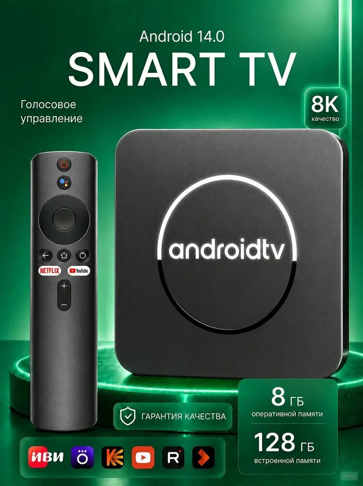 Смарт-ТВ медиаплеер, Android TV, голосовое управление, Bluetooth