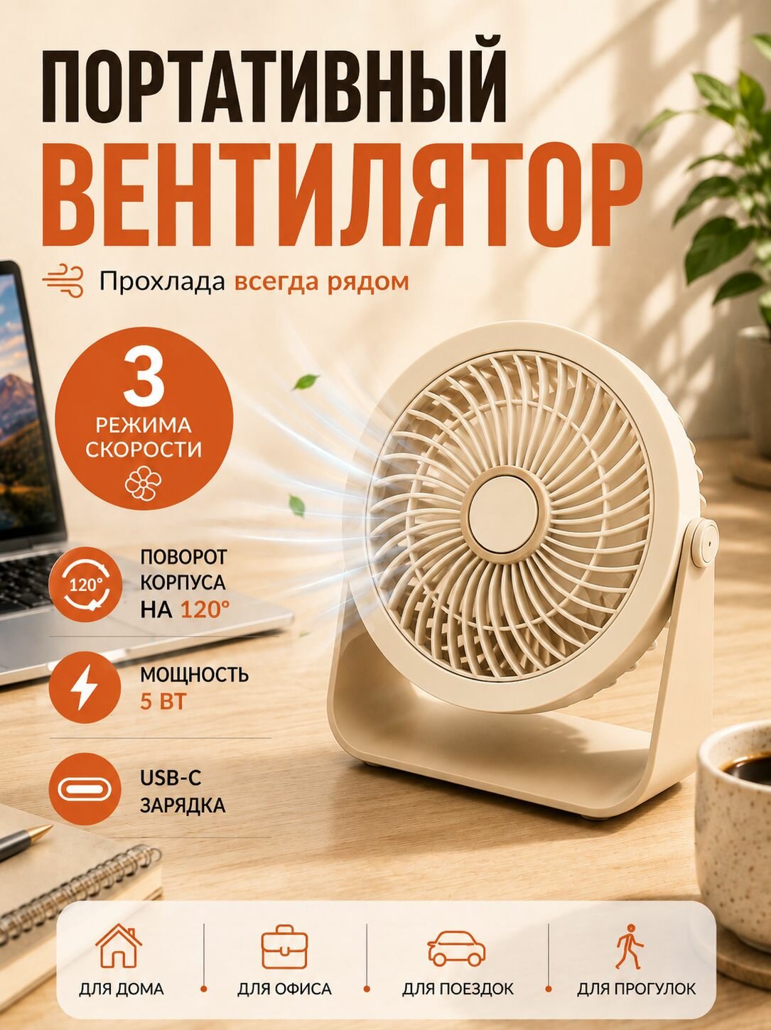 Настольный мини вентилятор USB, портативный вентилятор 3 скорости, поворот 120, для дома и офиса