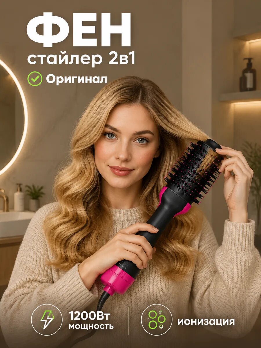 Фен-щетка стайлер для укладки и завивки и выпрямления волос