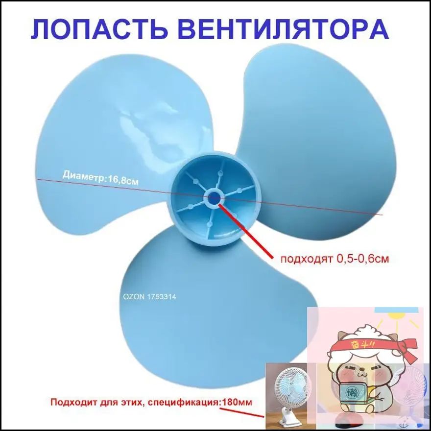 Лопасть вентилятора (крыльчатка) 16.8 см, универсальная для маленьких настольных вентиляторов 180 мм, синяя