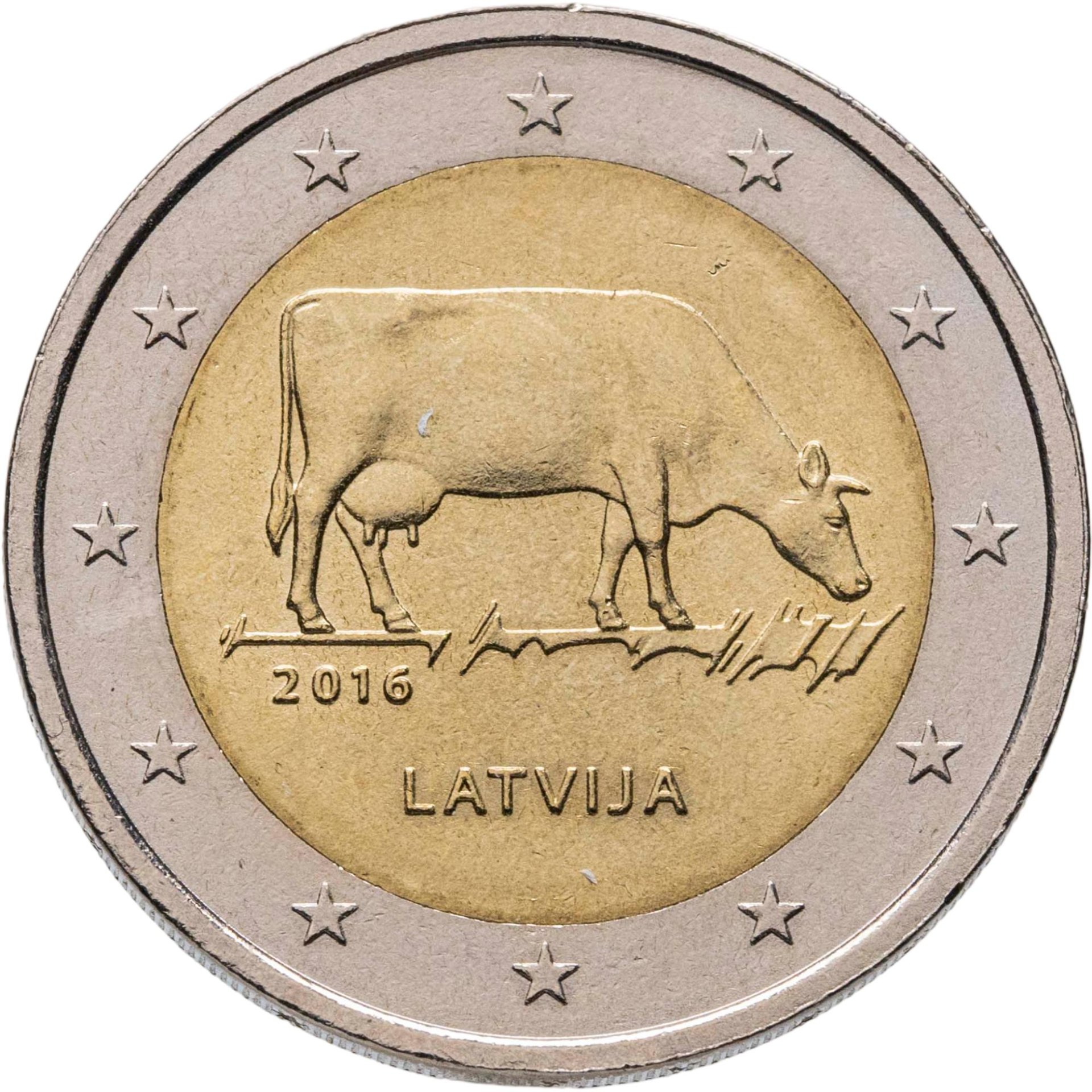 Латвия 2 евро 2016 "Корова", Биметалл, в сохранности AU-UNC