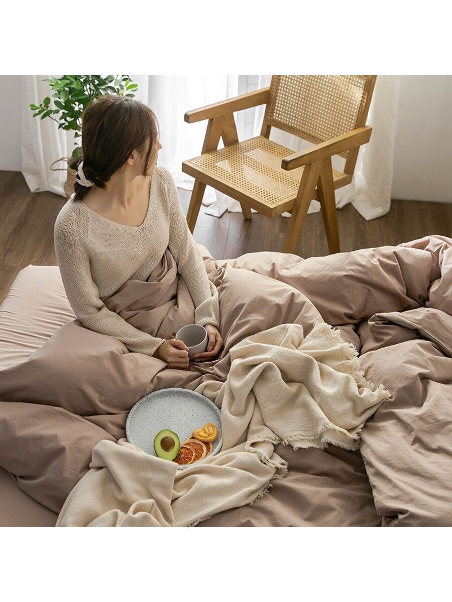 Комплект постельного белья из хлопка, однотонный, евро, 2.0, цвет коричневый, 4 предмета