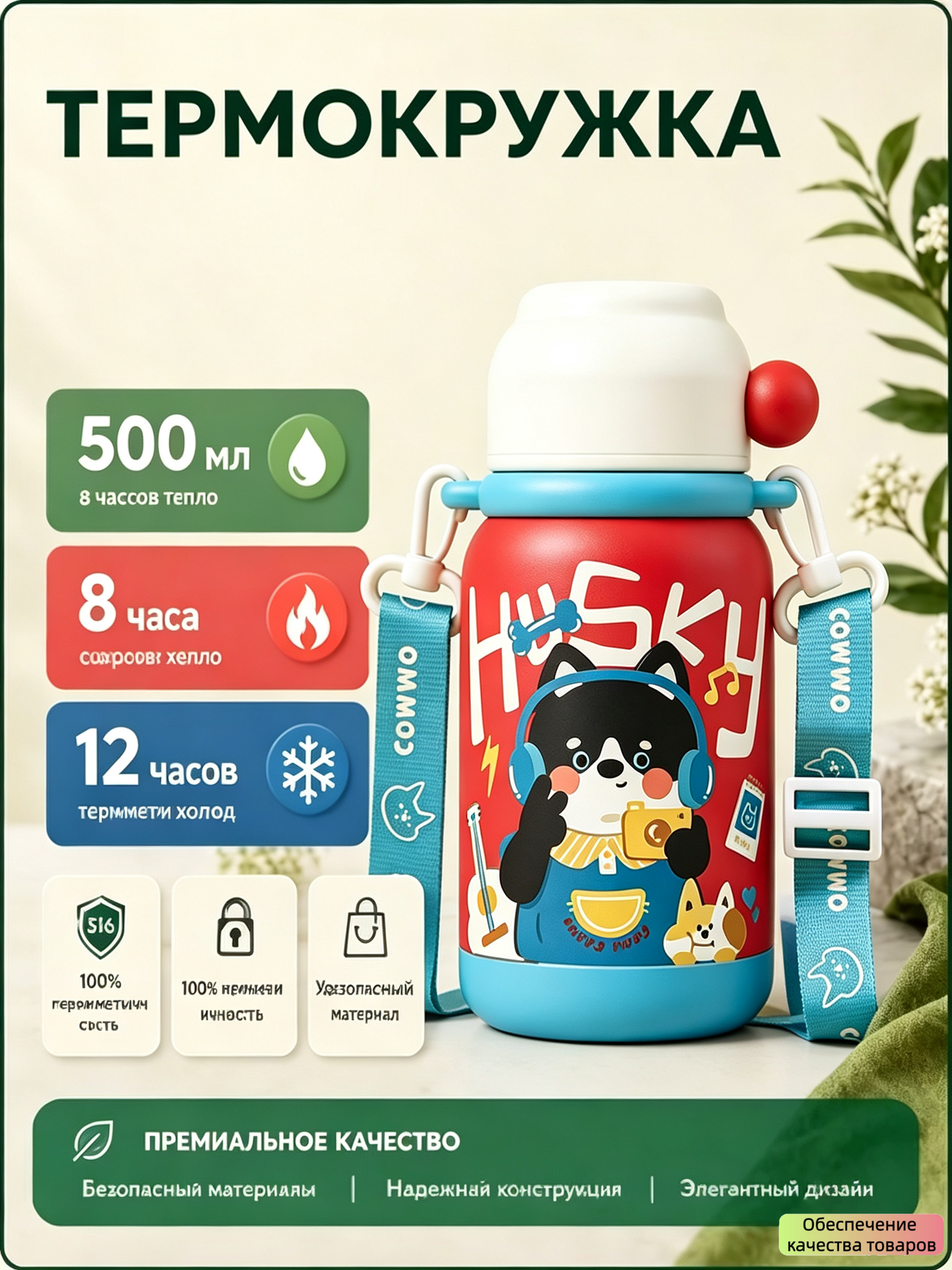 Термокружка (1 шт), Детская с рисунком, термос, 500 ml, термокружка с трубочкой