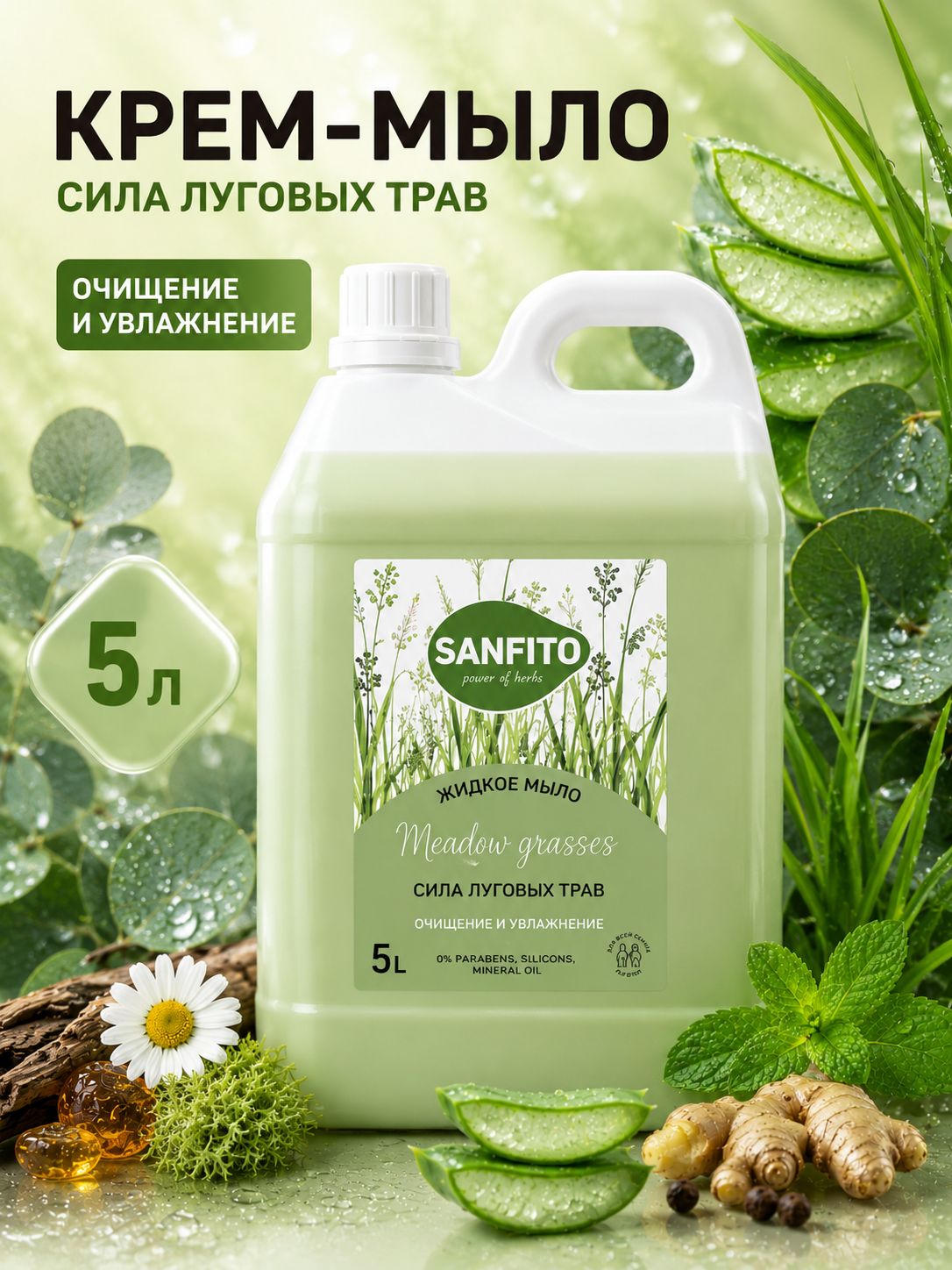 Жидкое мыло для рук, Sanfito с ароматом эвкалипта и алоэ, 5л , гипоаллергенное , густое