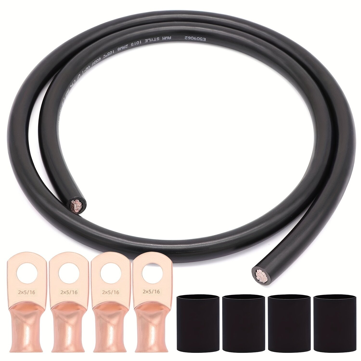 Сварочный кабель 2 AWG черный, длина 1 м, комплект с 2 клеммами 5/16 дюйма и 4 термоусадочными трубками, напряжение до 36 В