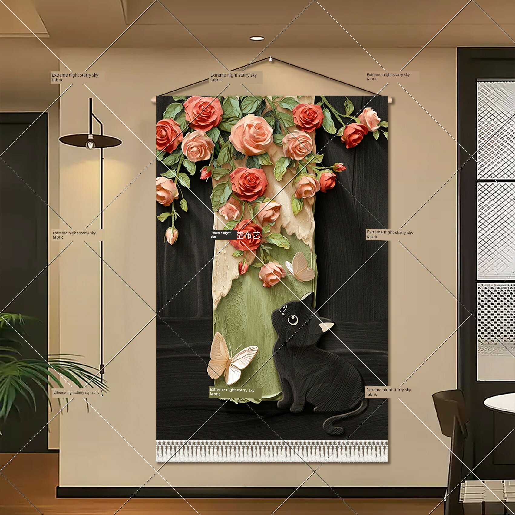 Современная настенная ткань с котом и розами, хлопок-лен, 40x70 см, плотная с аксессуарами