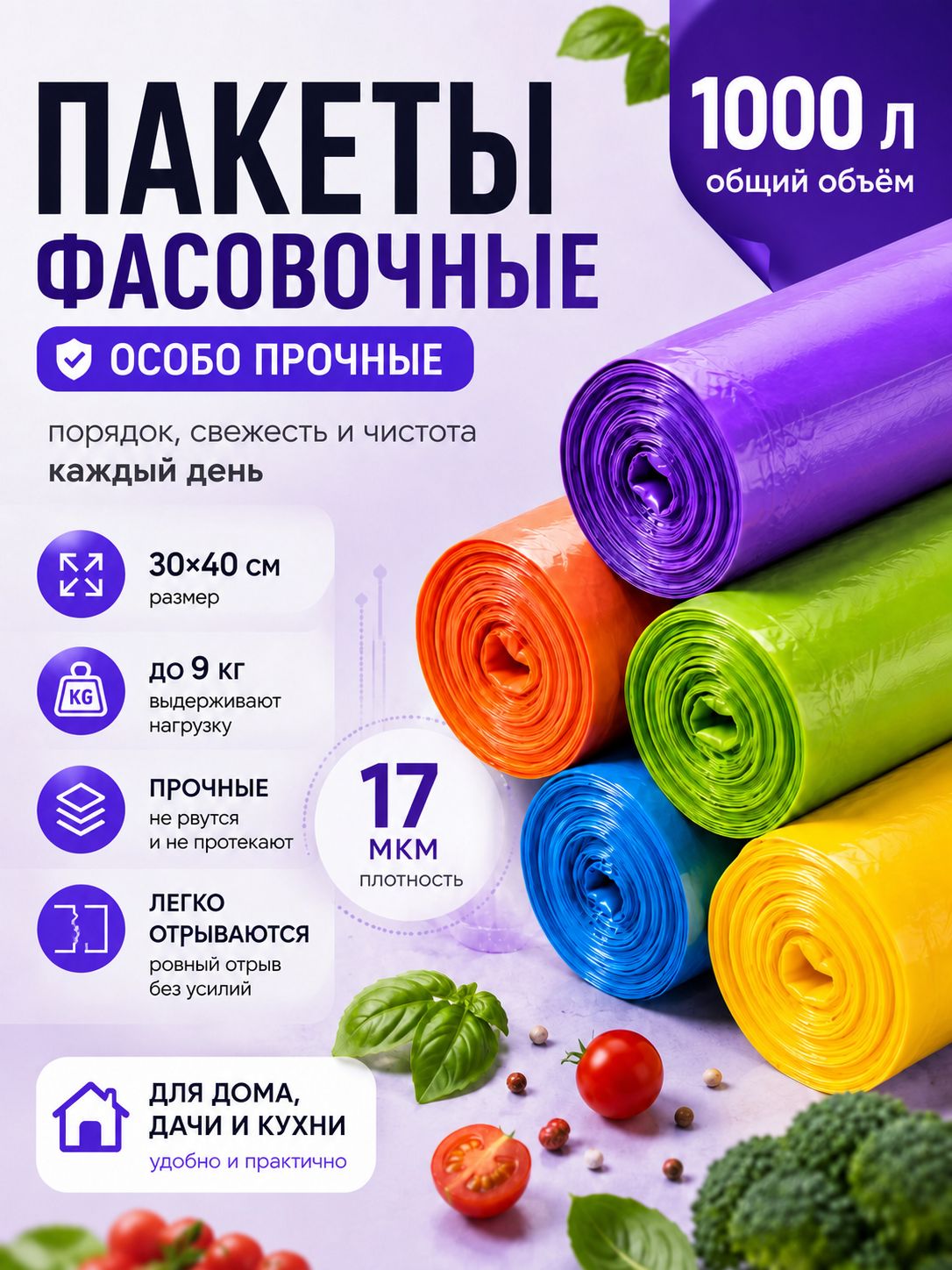 Пакеты фасовочные в рулоне 30х40 цветные, 5 рулонов
