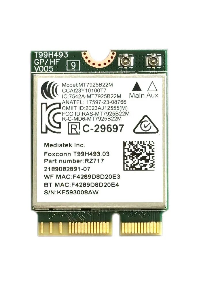 Беспроводная сетевая карта M.2 Wi-Fi 7 (5400 Мбит/с) MT7925 Key E 2.4G/5G/6G с Bluetooth 5.3, адаптер Wi-Fi для ноутбуков с Windows 10/11