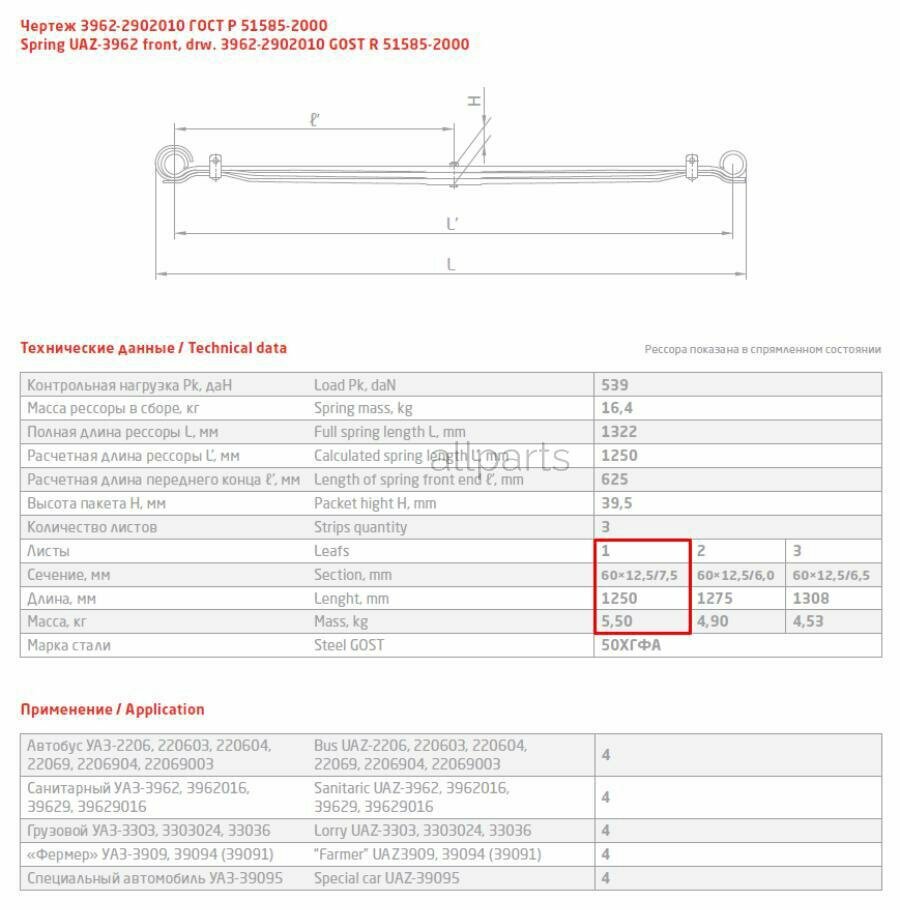 ЧМЗ 39622902015 лист коренной перед! №1 55х13 L=1310\ УАЗ