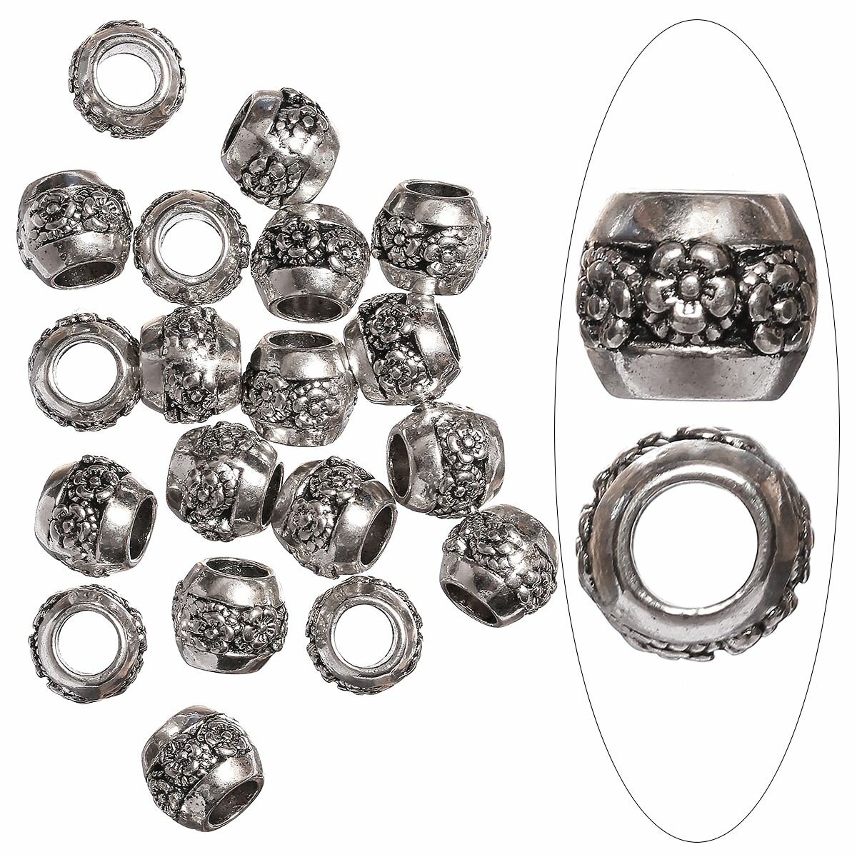 Бусина металлическая, 10х8мм, рондель с цветочками, базовый материал - цинковый сплав, стиль тибетское серебро, 10 шт.