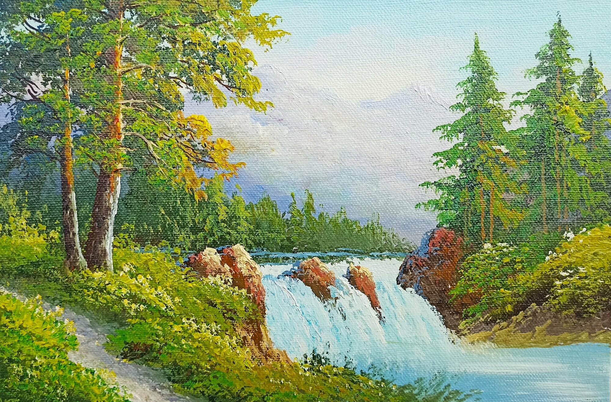 Картина масло/холст. 100% ручная работа, 100% живопись от Художественной мастерской Грëзы. Картина из серии "Водопады". Сосны. Ели. Горная река. Размер картины 20х30 см.