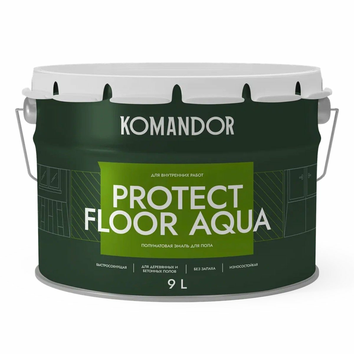 Эмаль для пола Komandor Protect Floor Aqua, акриловая, полуматовая, база С, бесцветная, 9 л