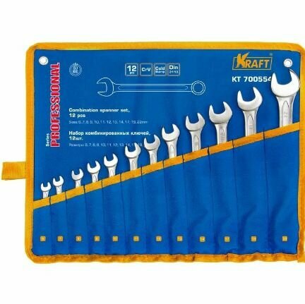 Набор рожково-накидных ключей "KRAFT" KT 700554 (6-22мм, CrV, 12 предметов, сумка)