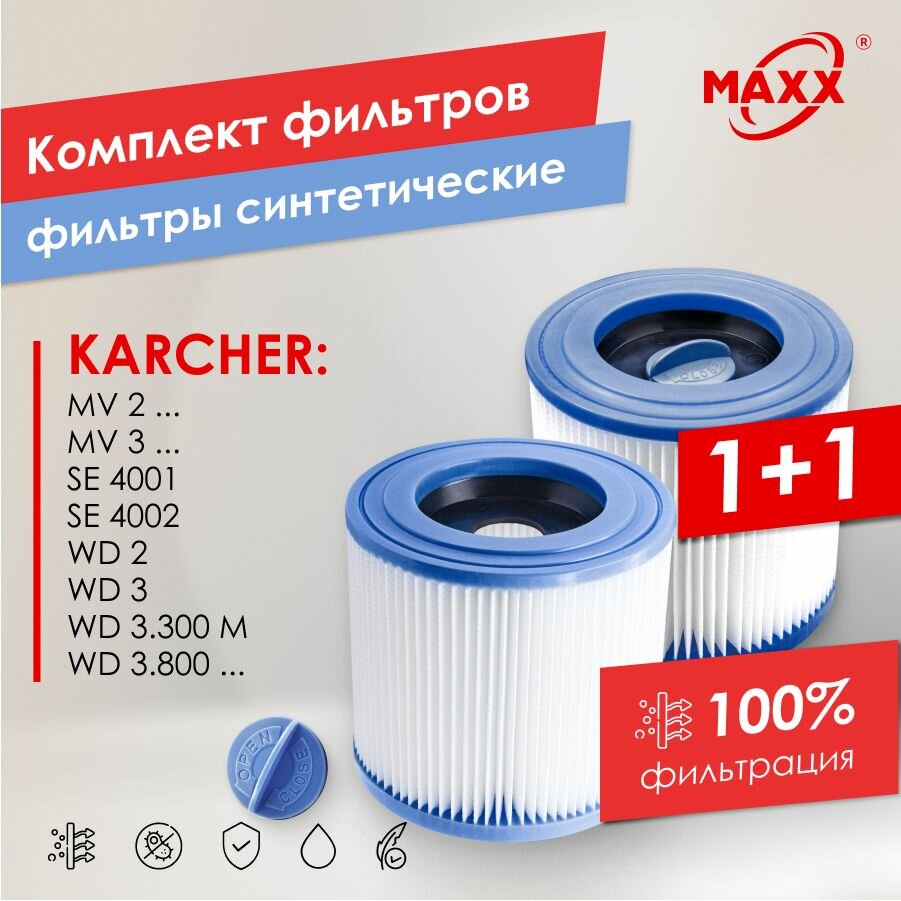 Фильтры моющиеся PRO для пылесоса Karcher WD 2, WD 3, SE 4001 и SE 4002 (2.863-303.0) 2 шт.