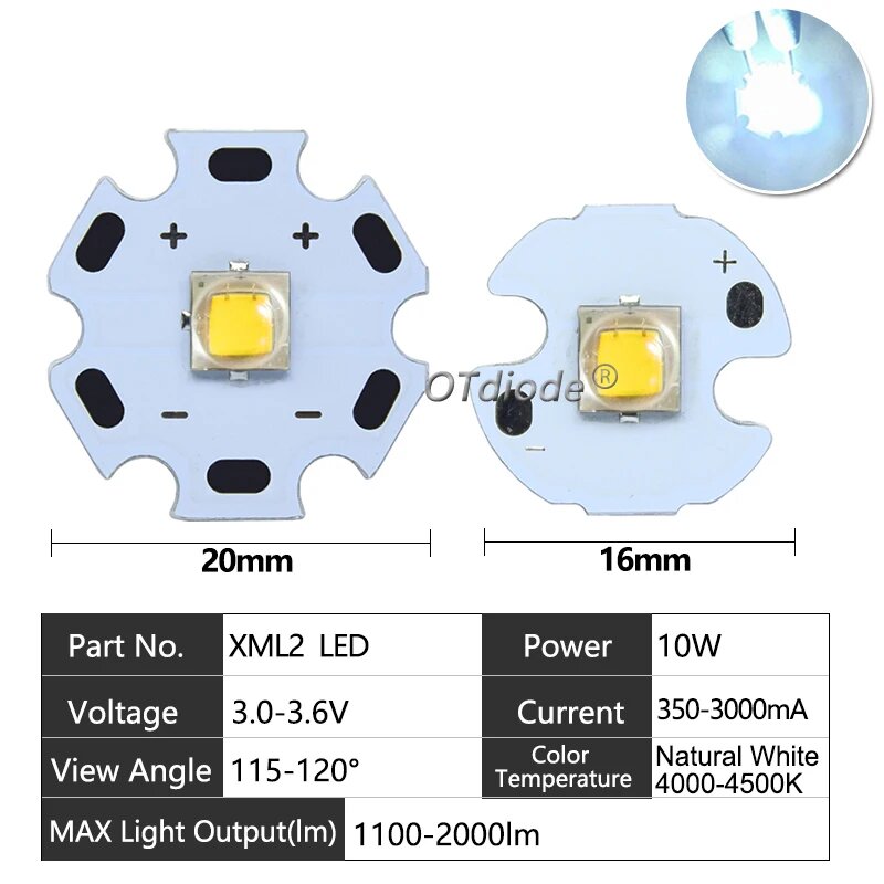OTdiode BALL 10W 5050-L2 T6 LED светодиоды XMLL2-4500K, 20mm Led 1pcs