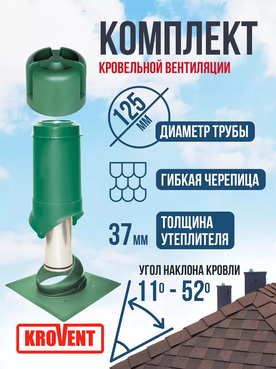 Комплект выход вентиляции утеплённый для кровли из гибкой черепицы 125/500 KROVENT, зелёный