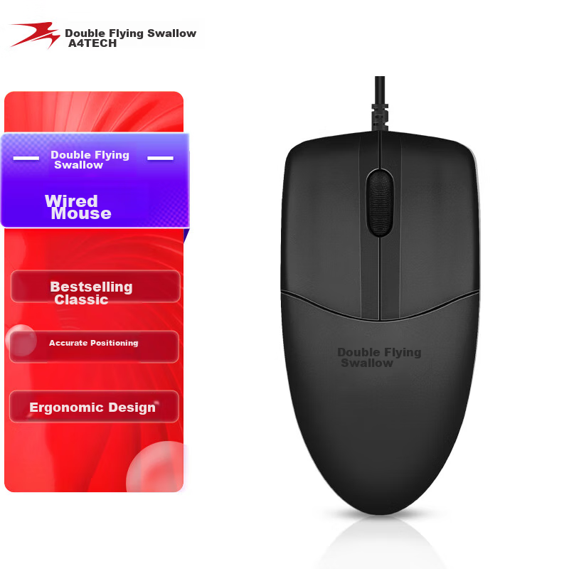 A4TECH OP-520NP Wired Mouse, Desktop Computer Office Mouse, Portable Mouse, PS/2 Round Hole Interface Mouse, Black