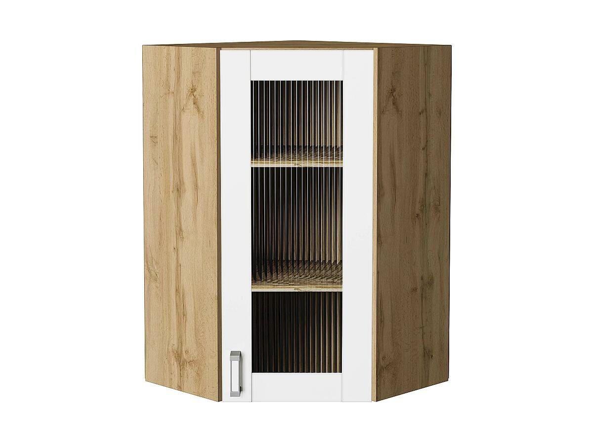 Шкаф верхний угловой остекленный Лофт, цвет фасада White Silk, цвет каркаса Дуб Вотан, стекло Magic Moru V, 920*600*600 мм