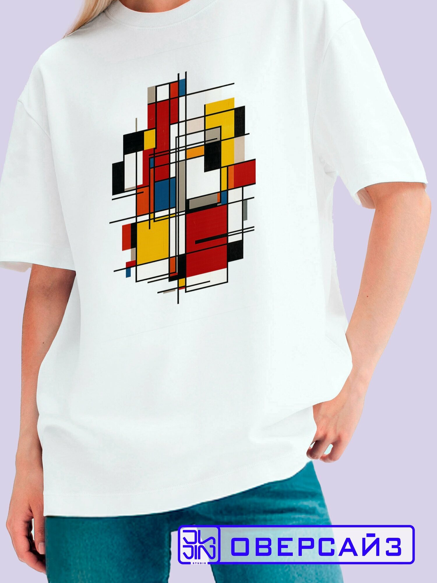 Футболка оверсайз женская с принтом Квадратная геометрическая композиция с черно-белыми и черно-красными полосами, белый хлопковый трикотаж с прикольным рисунком на груди