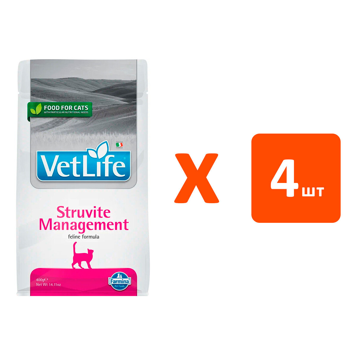Корм сухой Farmina Vet Life Feline Struvite Management для взрослых кошек при мочекаменной болезни струвиты и цистит, 0,4 кг х 4 шт