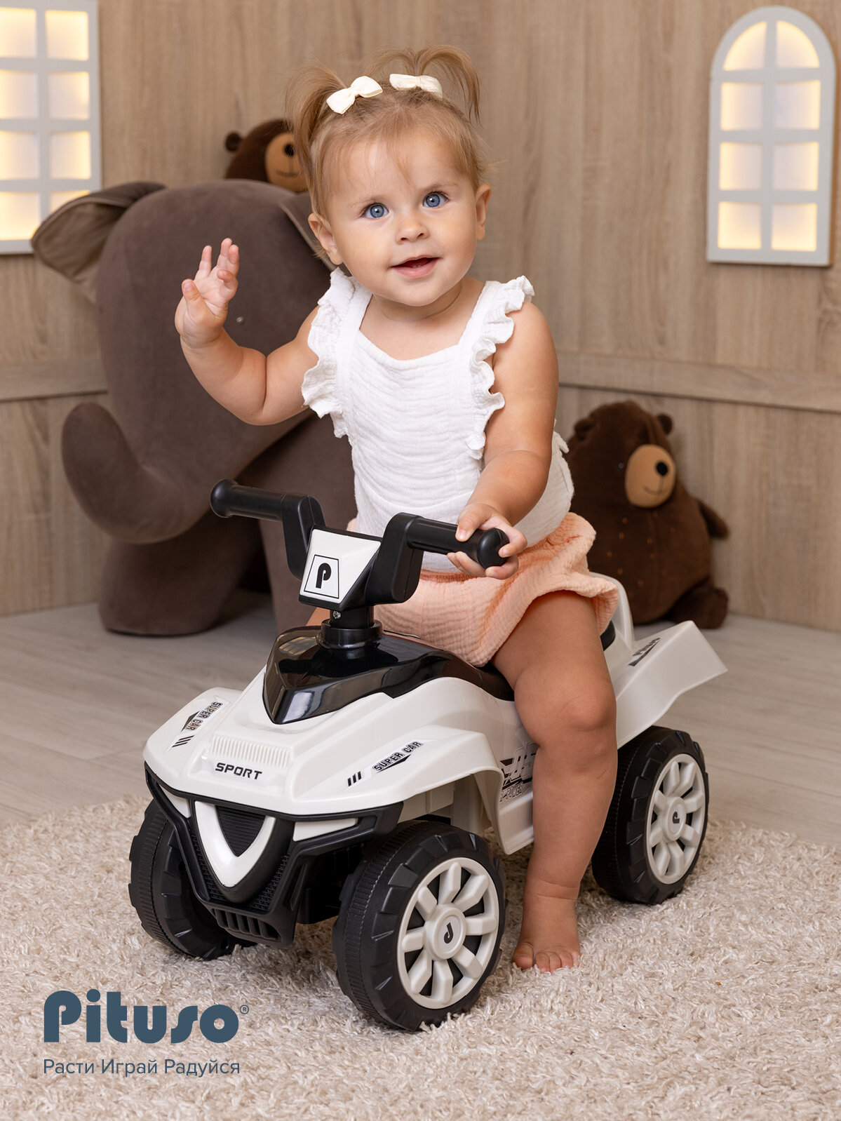 Толокар, машинка каталка Pituso Super Car, музыкальная, отсек для игрушек, белый