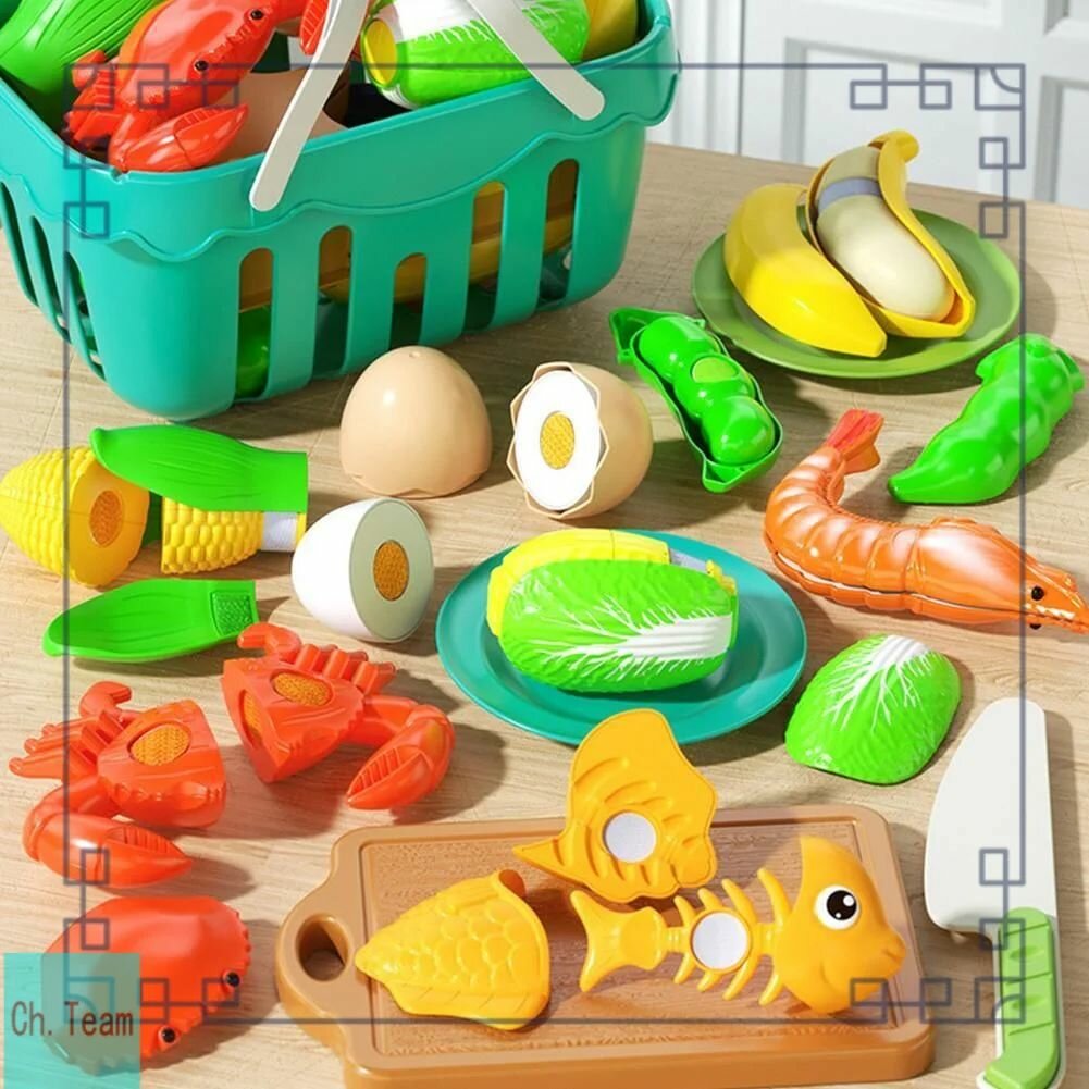 Фрукты и овощи на липучке, игрушечные продукты с кухонными принадлежностями для нарезки еды и корзинкой, детские / Набор игровой