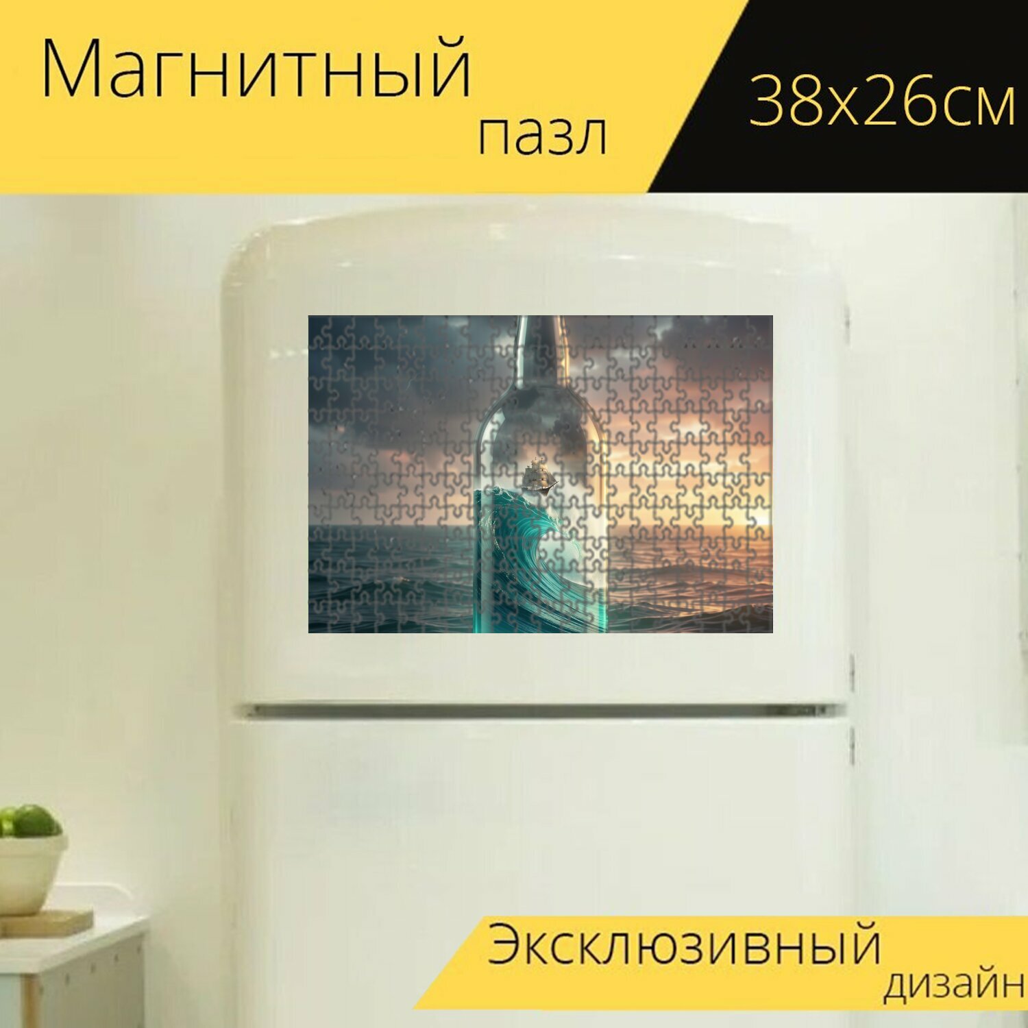Магнитный пазл "Корабль в бутылке на море. Фантазийная морская сцена в реалистичном стиле: стеклянный сосуд с волной и парусником внутри, закатное небо." для интерьера, 38х26 см.