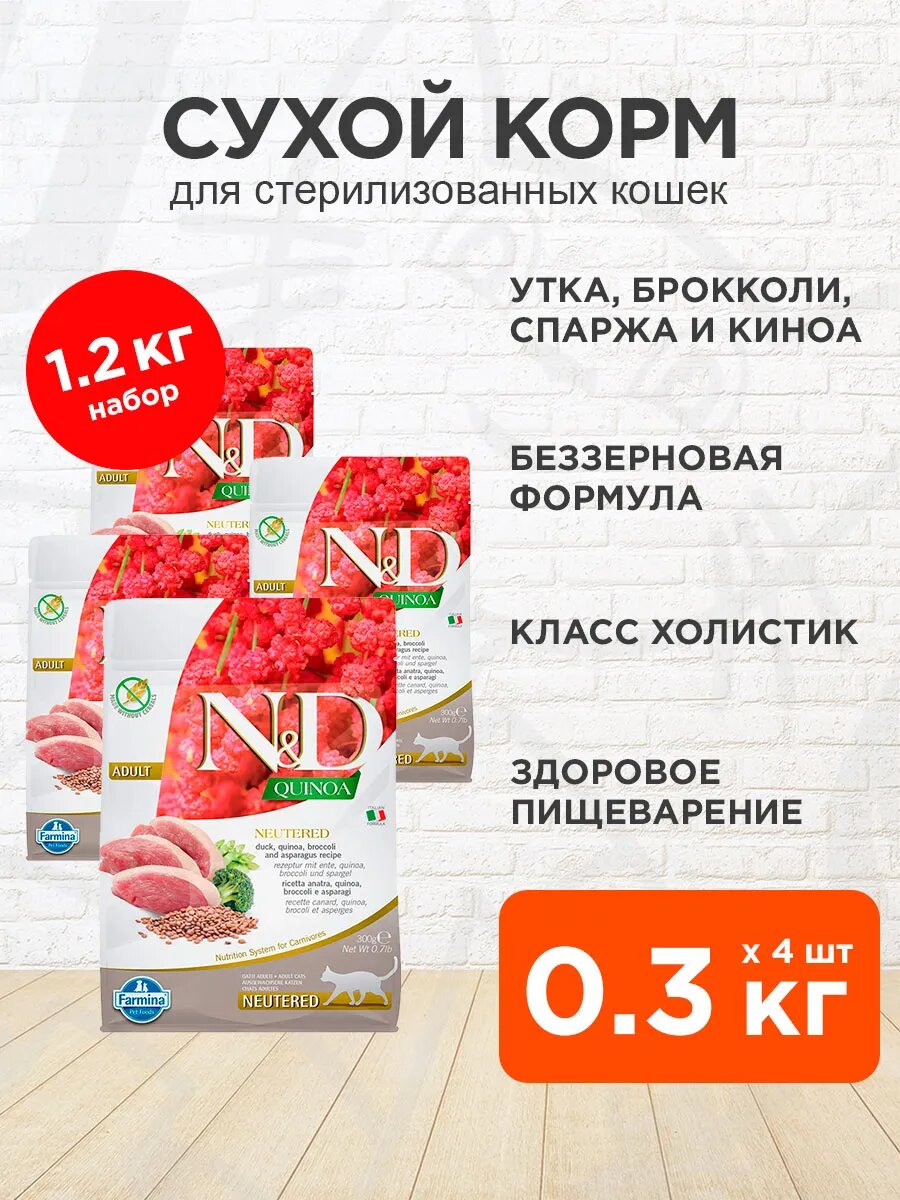 Корм сухой Farmina Cat N&D Grain Free Quinoa Neutered Duck для стерилизованных кошек с уткой, 0,3 кг х 4 шт