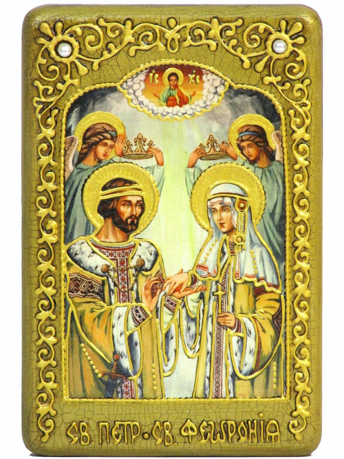 Настольная икона Петр и Февронья с ангелами на доске из черного дуба 10х15 см