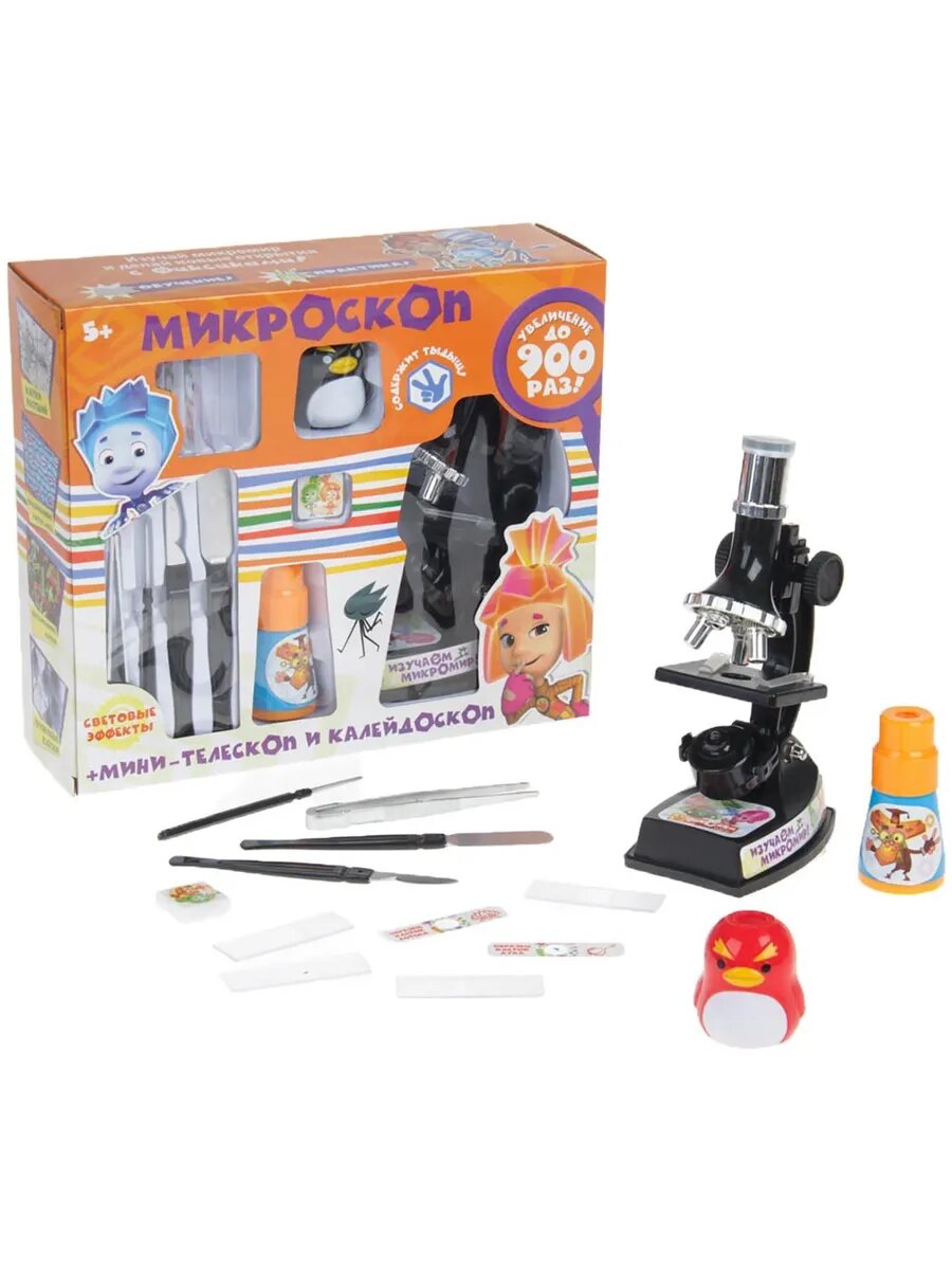 Микроскоп+мини-телескоп и калейдоскоп фиксики с набором для