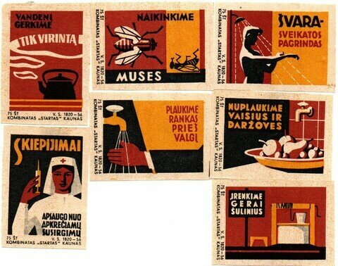 Набор спичечных этикеток - Гигиена - 7 штук - 1956 год - Фабрика Стартас Каунас