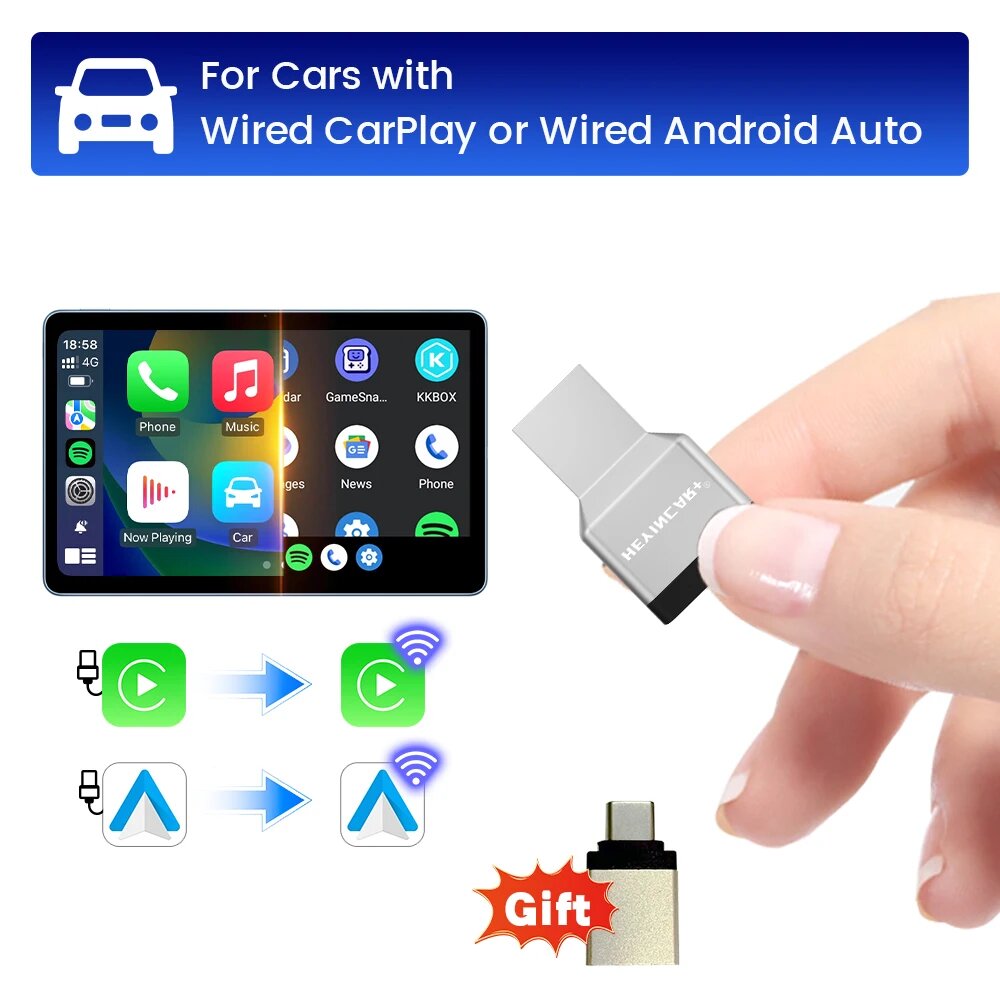 HEYINCAR Новый беспроводной адаптер 3.0 Mini Carplay Android Auto, Plug and Play, AI Box для VW, Toyota, Nissan, Honda, Benz, Ford и других марок