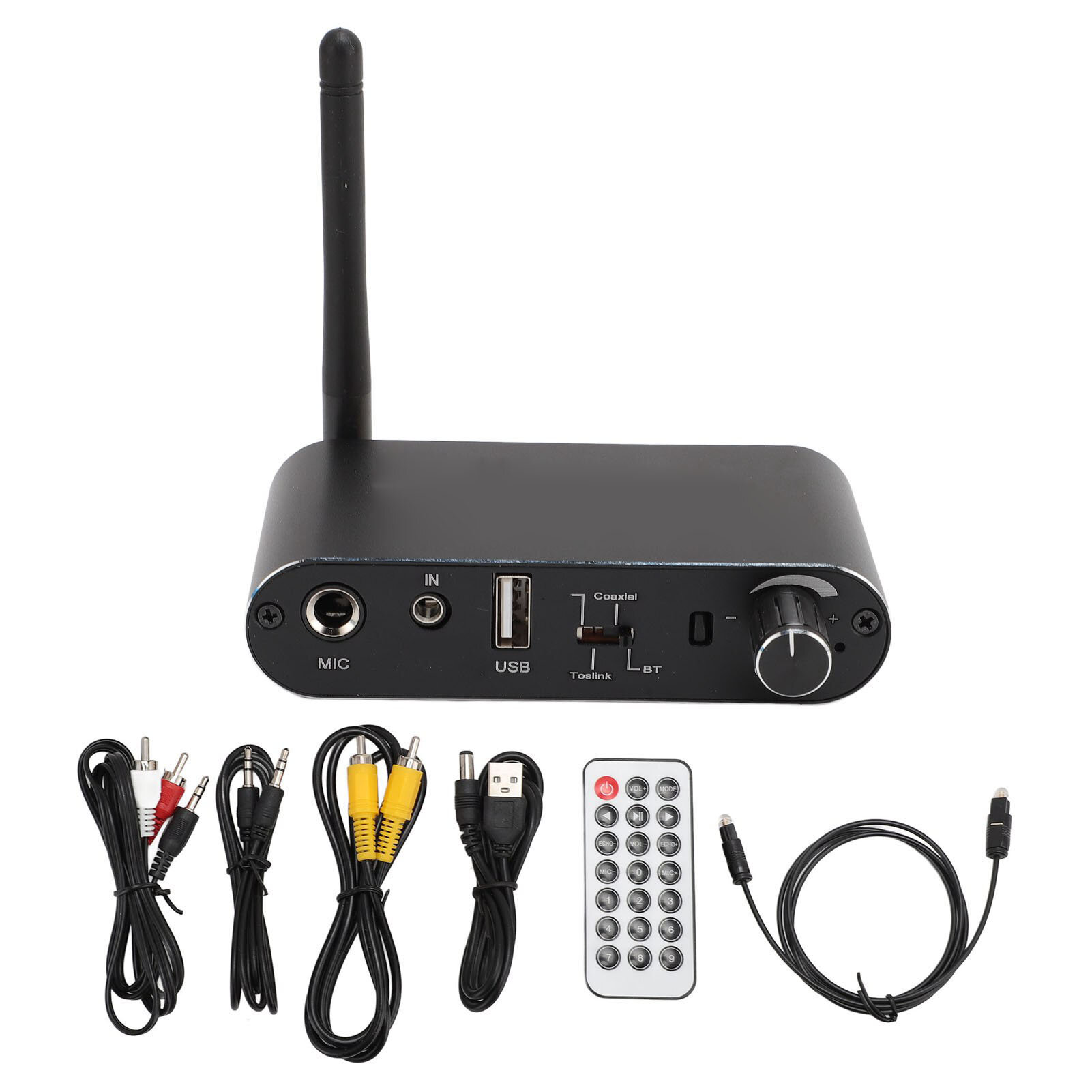 Цифро-аналоговый аудиоконвертер, оптический коаксиальный вход AUX, USB, Bluetooth, микрофонный вход, адаптер.