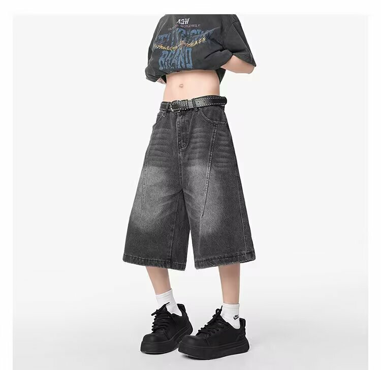 Тренд RONG CH Женские Джинсы Кроп Черно-Серые Винтаж Высокая Талия Деним, Размер_L