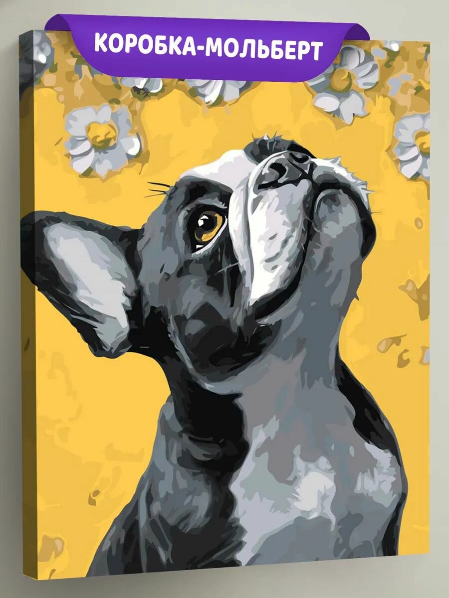 Картина по номерам на холсте с подрамником "Собаки: французский бульдог и цветы" 40x50 см, Щенок Ромашки Животные