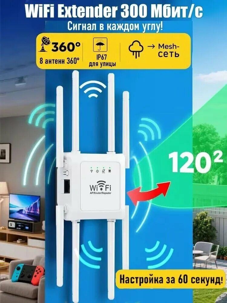 Усилитель wifi сигнала 300 Мбит/с с 8 антеннами, IP67, Mesh Усилитель сигнала Wi-Fi до 120 м, 2.4 ГГц, Dual Band, повторитель с Ethernet, для улицы/дома (белый)