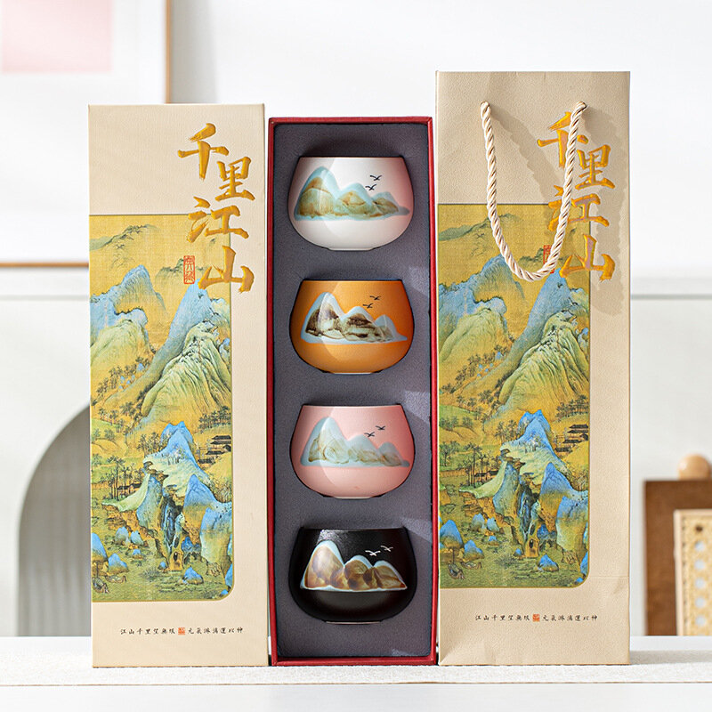 Креативный национальный тренд, культурный набор ручной росписи чайных чашек, тысяча миль рек и гор, дегустационная чашка, мастерская чашка, набор из 5 чашек в подарочной коробке, сувенир