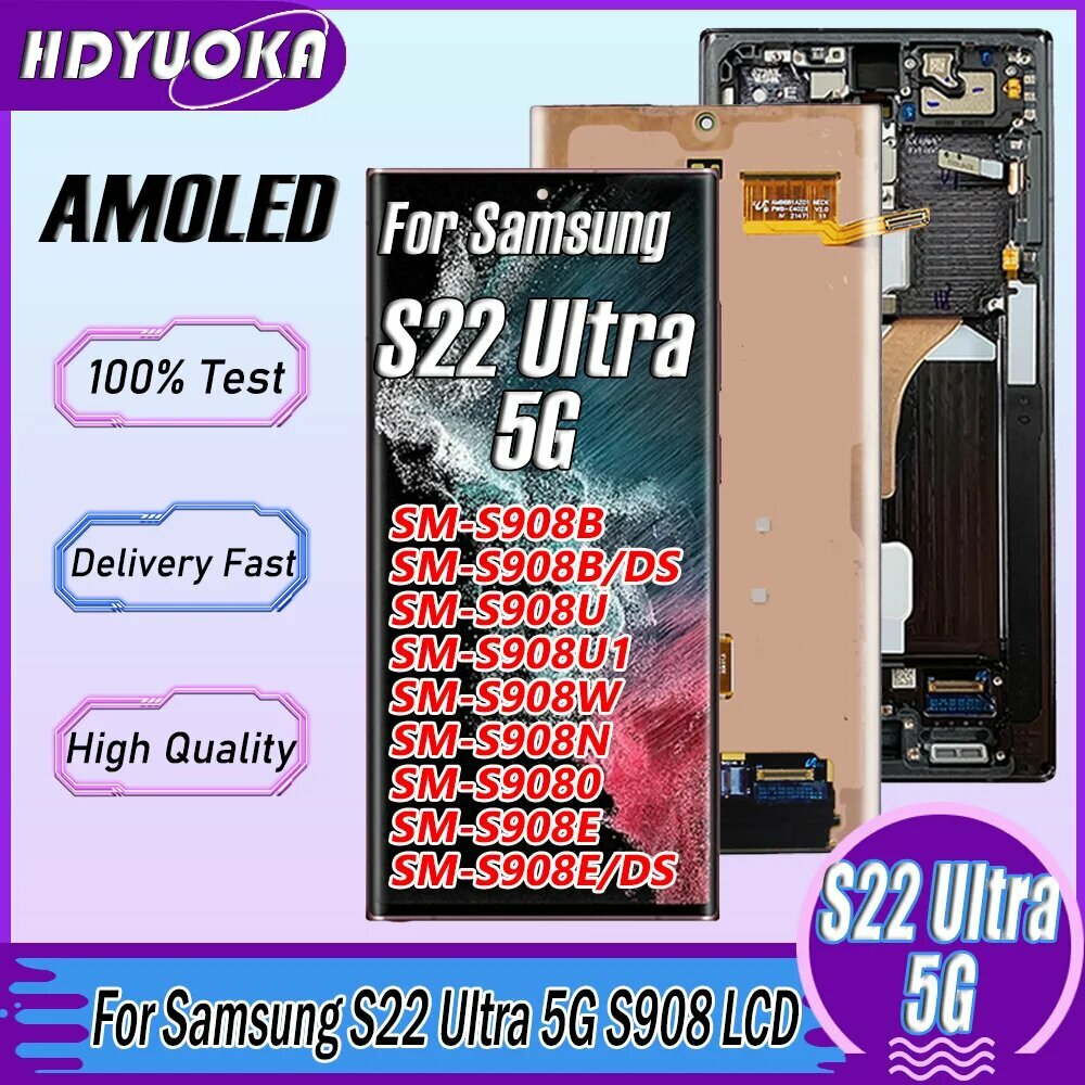 6,8-дюймовый AMOLED для Samsung S22 Ultra ЖК-дисплей с рамкой S908 S908B S908U, сменный преобразователь сенсорного экрана в сборе