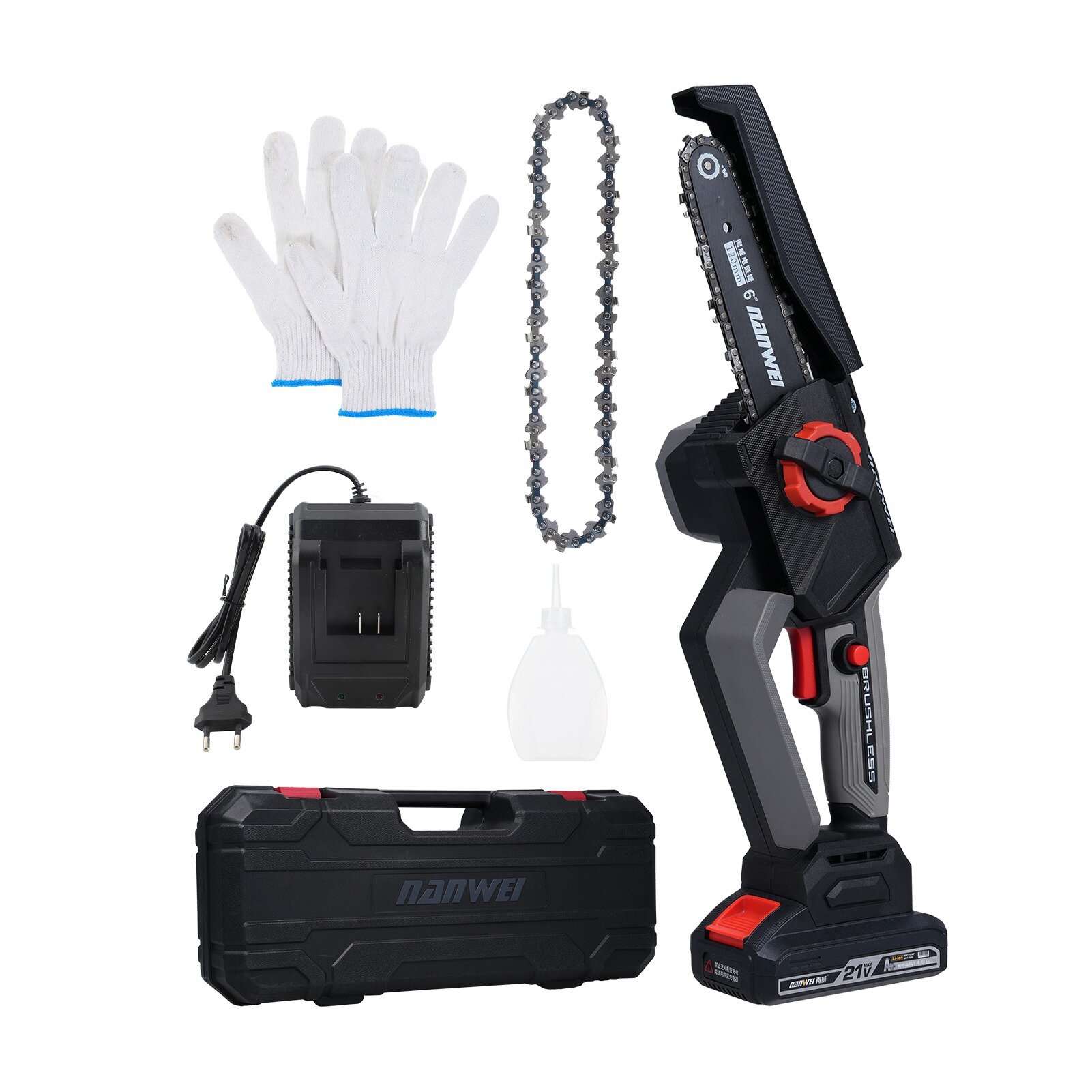 Аккумуляторная цепная пила с 6-дюймовым бесщеточным двигателем для лесозаготовок и распиловки деревьев, обработки древесины, садоводства, художественного творчества и активного отдыха на природе. Аккумулятор 21 В 4000 мАч, вилка стандарта ЕС.