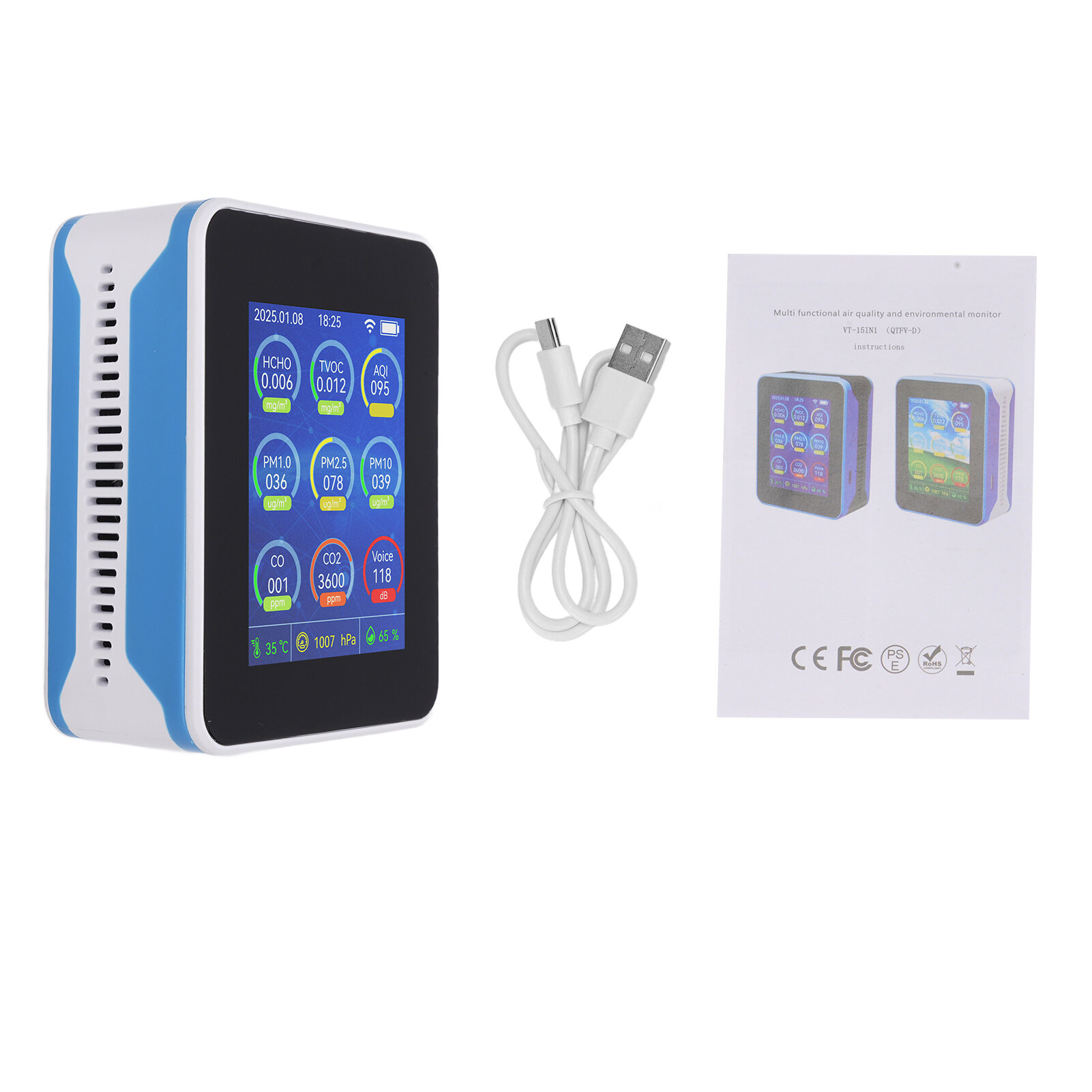 Многофункциональный тестер качества воздуха 15-в-1 для измерения температуры и влажности в помещении. Технология датчиков: CO2/CO/TVOC/HCHO. Поддержка Wi-Fi. Управление через приложение. 2,8-дюймовый цветной TFT-дисплей. Синий и белый цвета.