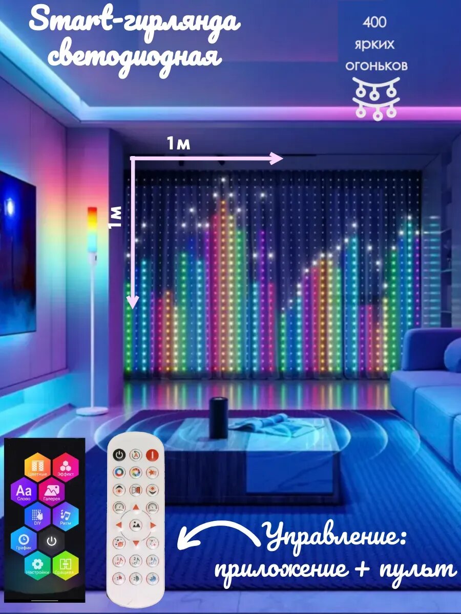 Умная гирлянда-штора 1х1 с текстом и проекцией рисунков