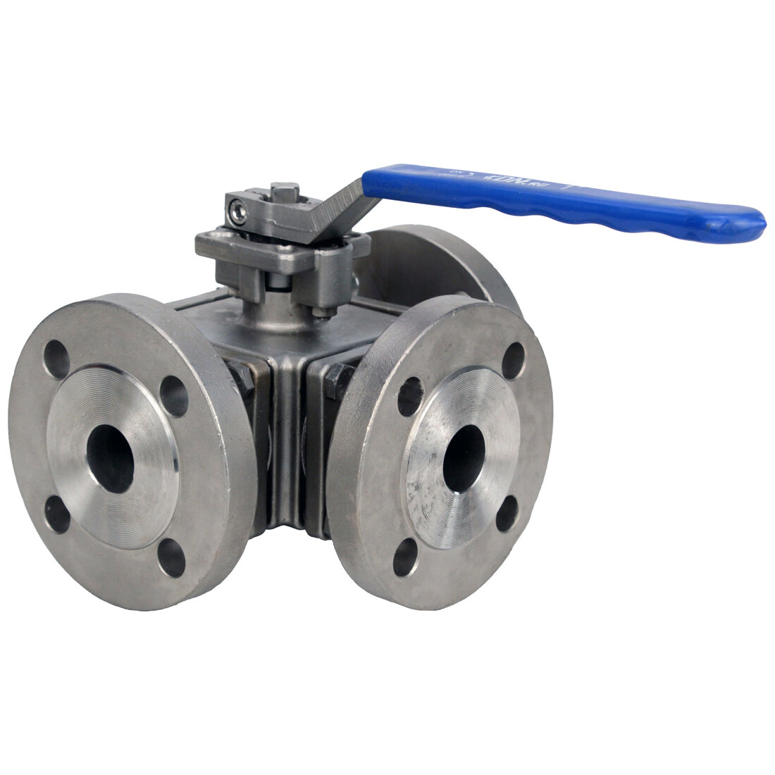 Кран шаровой DN.ru 304-304-PPL-FP-3WT-F-ISO-H Ду25 Ру16, трехходовой, полнопроходной, сталь 304, уплотнение - PPL, фланцевый, с ISO-фланцем и рукояткой (опрессовано)