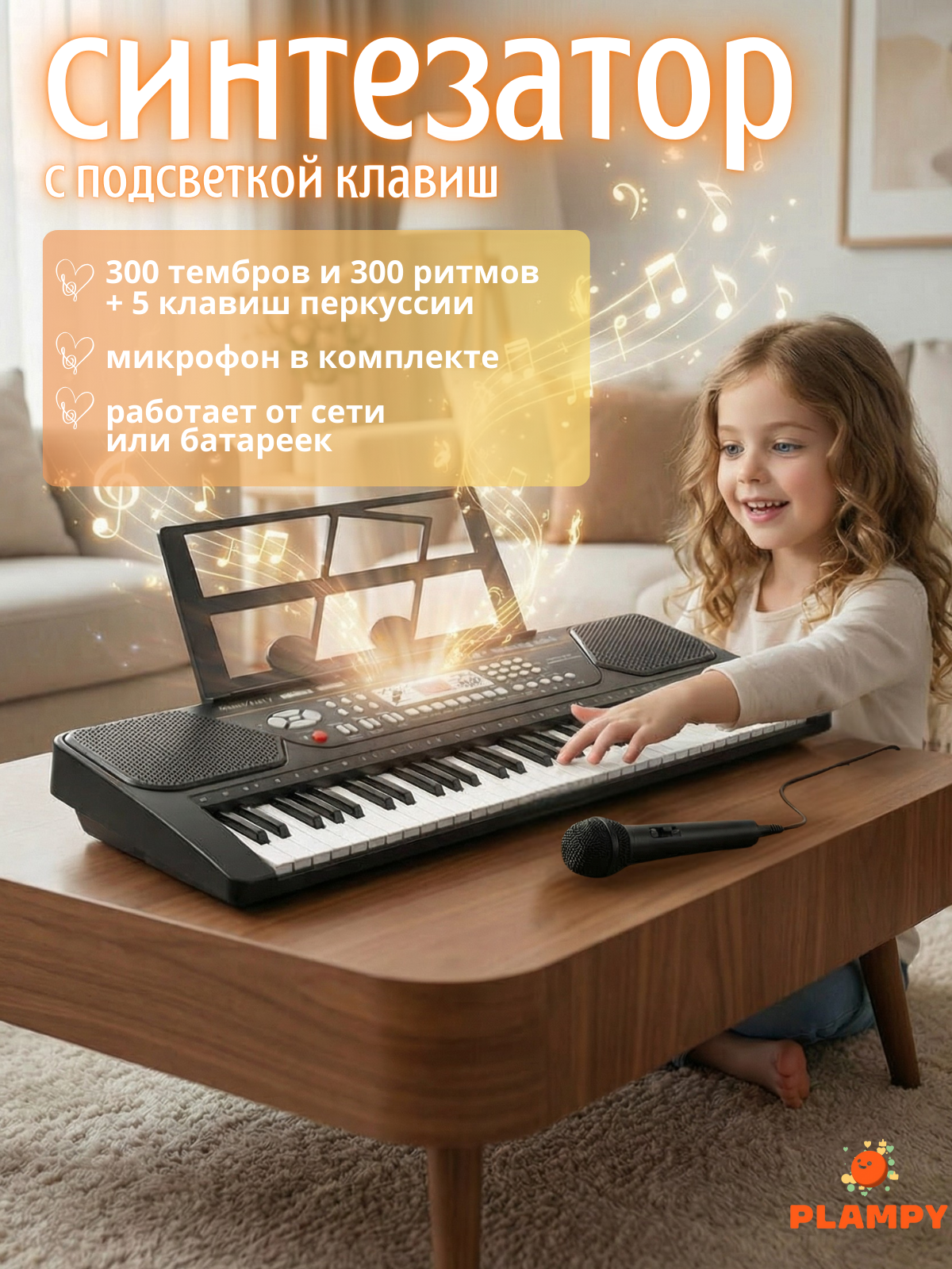 Синтезатор-пианино 61 клавиша, 71 см, USB/батарейки, микрофон, подсветка клавиш