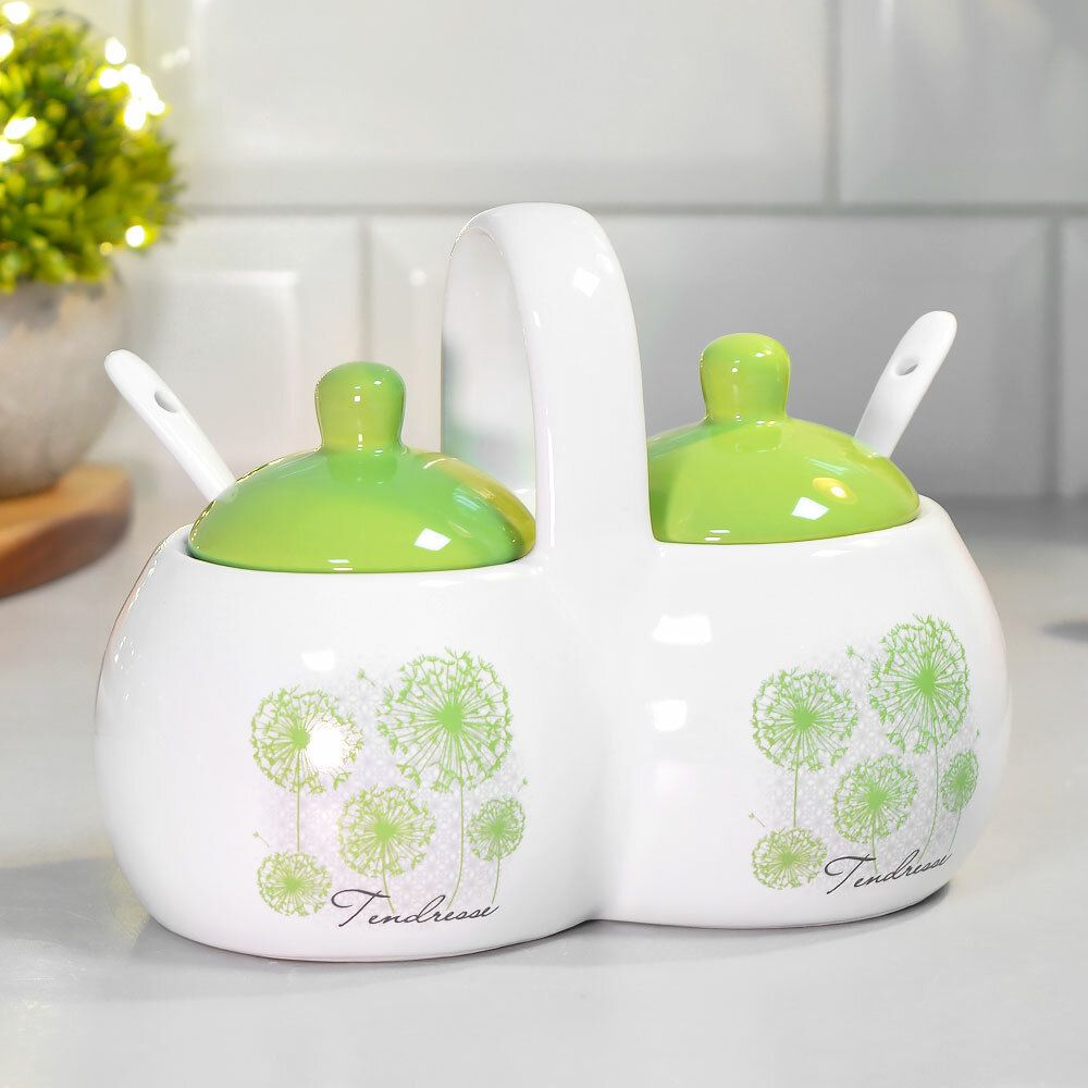 Соусница "Нежность" 270/270 мл, керамика, 2 секции с крышками и ложками, белая с зеленым декором