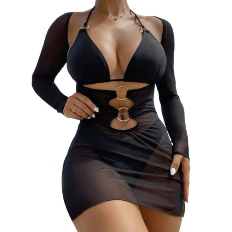 Женский однотонный купальник-бикини с поясом и длинными рукавами, Черный - L