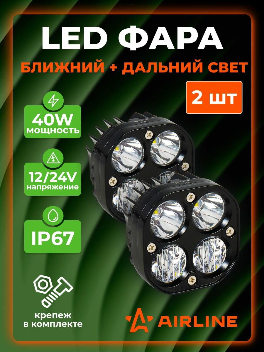 Фара 2 шт светодиодная квадратная, 4LED, комбинированный свет (дальний + ближний), 40Вт, 78х78х50мм, 12/24В, PLUS МП серия AIRLINE ALED194